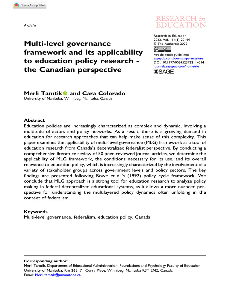 Tamtik Colorado 2022 Multi Level Governance Framework and Its ...