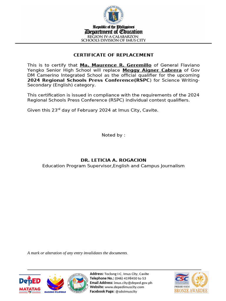 Certificate of Replacement for RSPC 2024 | PDF