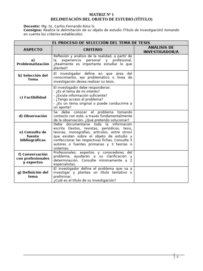Matriz 1 - Delimitación Del Objeto de Estudio (Título) | PDF