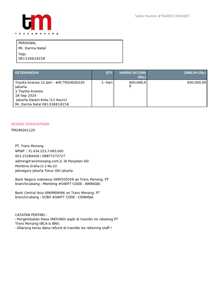 Bon rental mobil | PDF