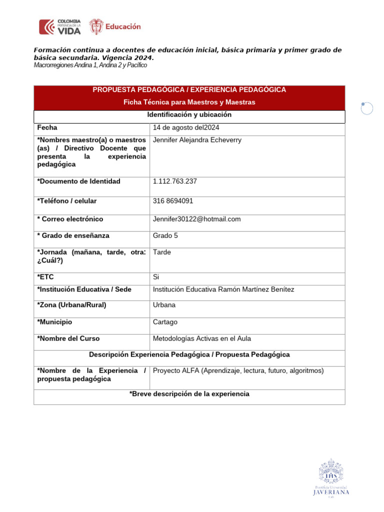 Formato Propuesta Pedagógica VF | PDF | Evaluación | Enseñando