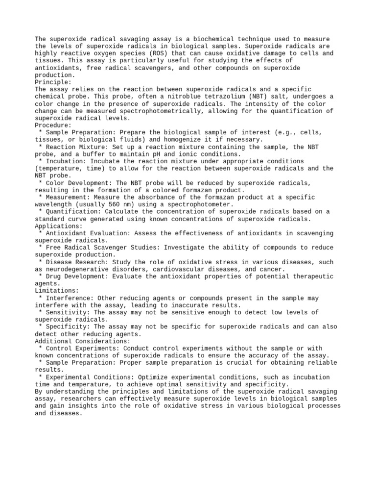 Superoxide Radical Scavenging Assay | PDF | Assay | Antioxidant
