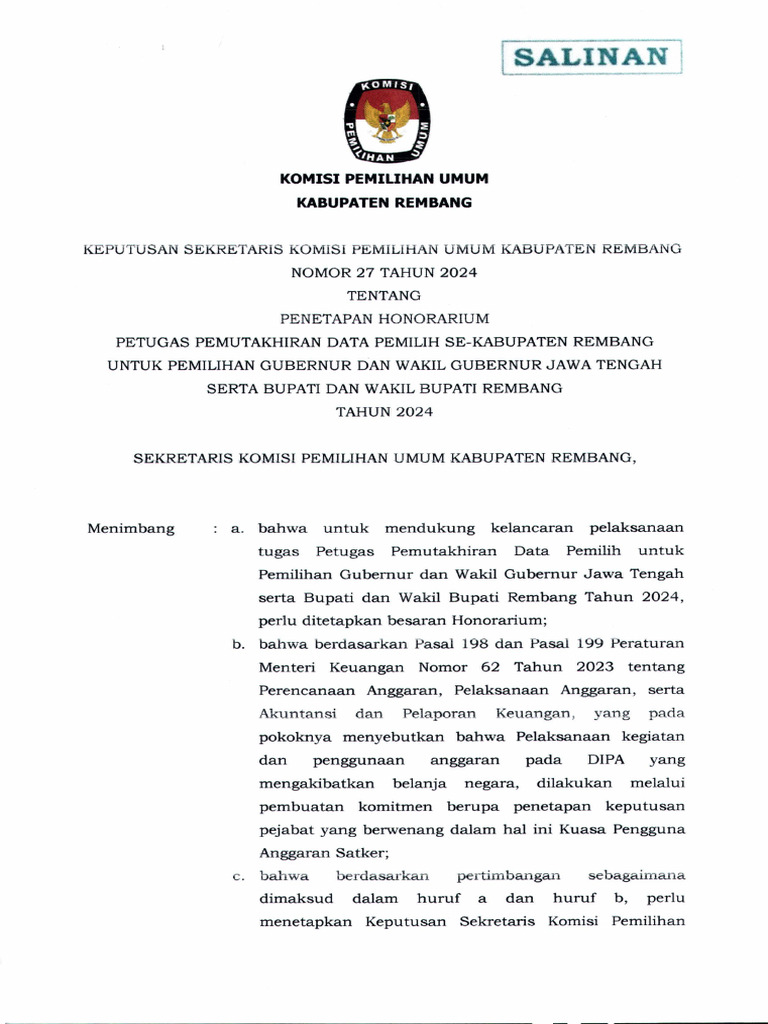 Salinan 27 - KPT Honor PANTARLIH Pilkada Serentak Tahun 2024 | PDF