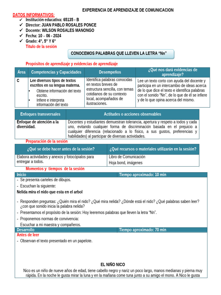 APRENDIZAJE DE COMUNICACION Letra N | PDF