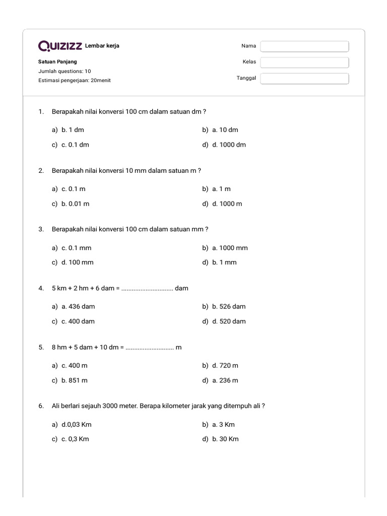 Konversi Satuan Panjang Kelas 4 - Kuis | PDF Konversi Satuan Panjang Kelas 4 - Kuis | PDF