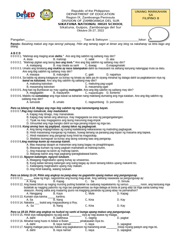 Filipino 8 - 1st Quarter | PDF | Philippines