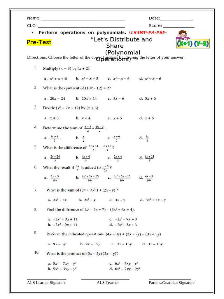 LS3 Math-Worksheets-JHS (Let's Distribute and Share (Polynomial ...