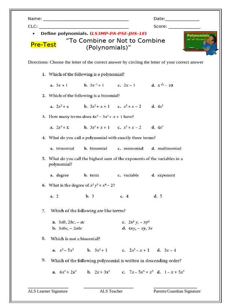 LS3 Math-Worksheets-JHS (To Combine or Not To Combine (Polynomials) ) | PDF