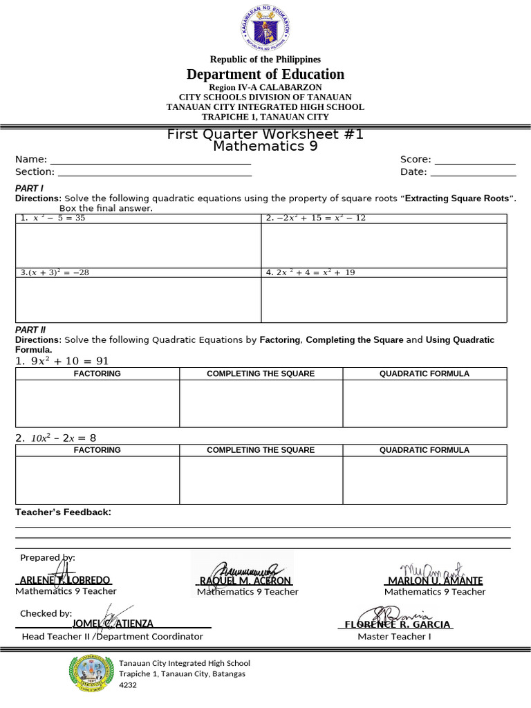 Quarter 1 - Math 9 Worksheets & Performance Tasks | PDF