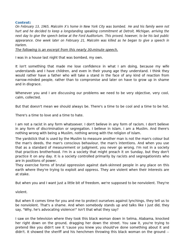 Speech - Malcolm X Text and Annotations | PDF