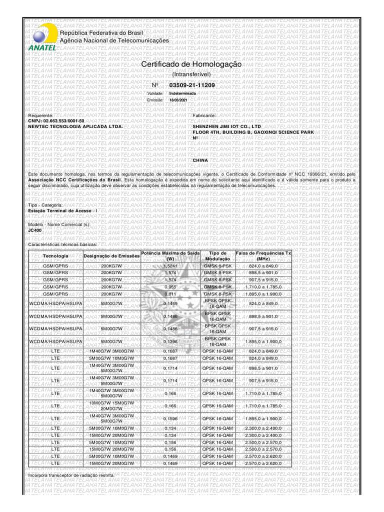 Certificado Da Anatel JC400-JIMI IOT | PDF
