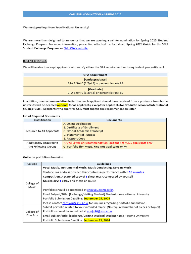 (General Guide) SNU Student Exchange Program Call For Nomination ...