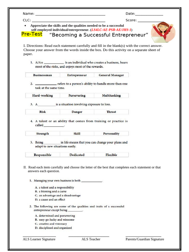 LS4 - Worksheets-JHS (Becoming a Successful Entrepreneur) | PDF