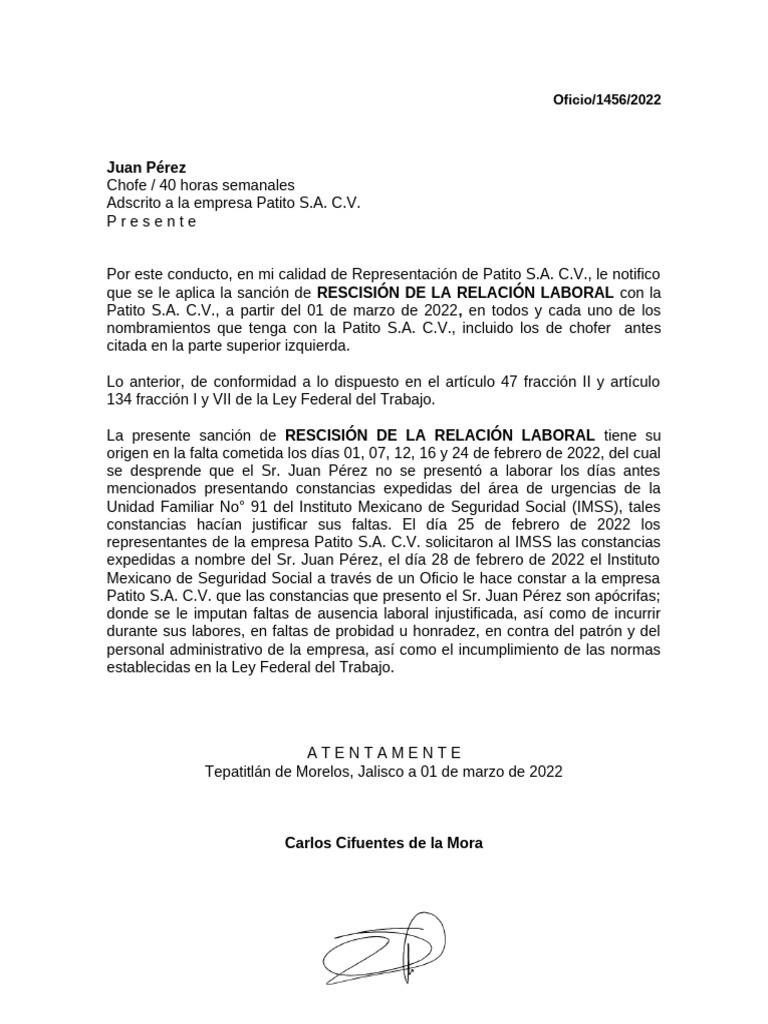 Oficio de Rescisión Laboral | PDF