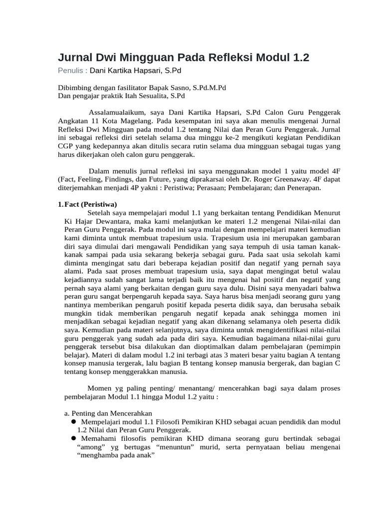 Jurnal Dwi Mingguan Pada Refleksi Modul 1.2 | PDF