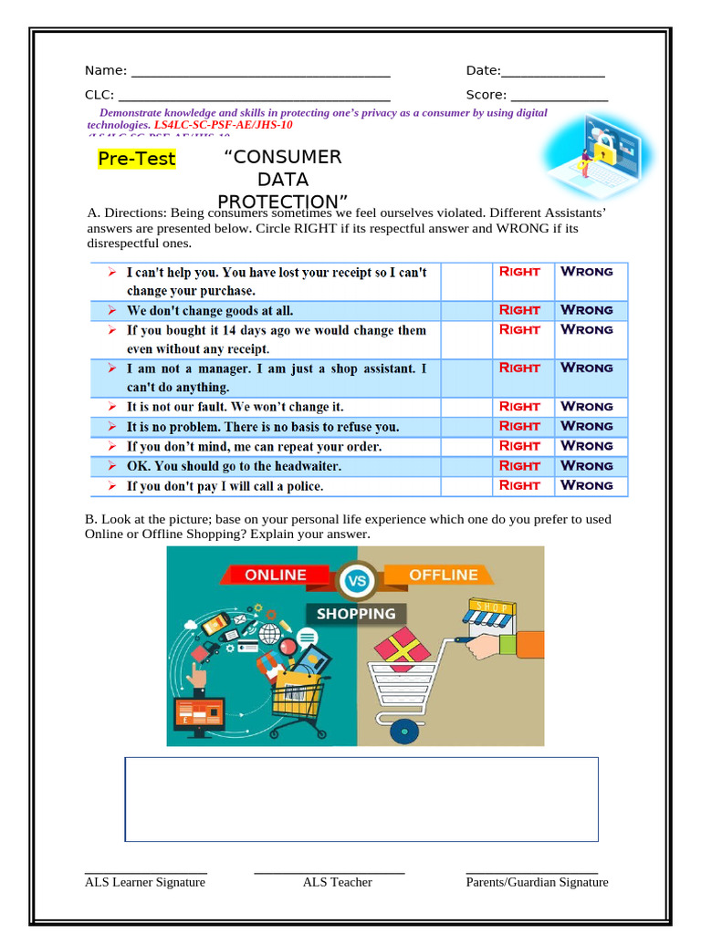 LS4 Worksheets-JHS (Consumers Data Protection) | PDF