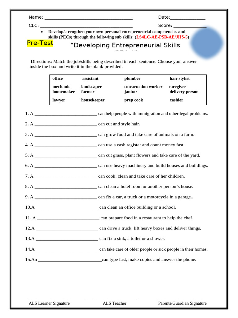 LS4 - Worksheets-JHS (Developing Entrepreneurial Skills (PECs) | PDF