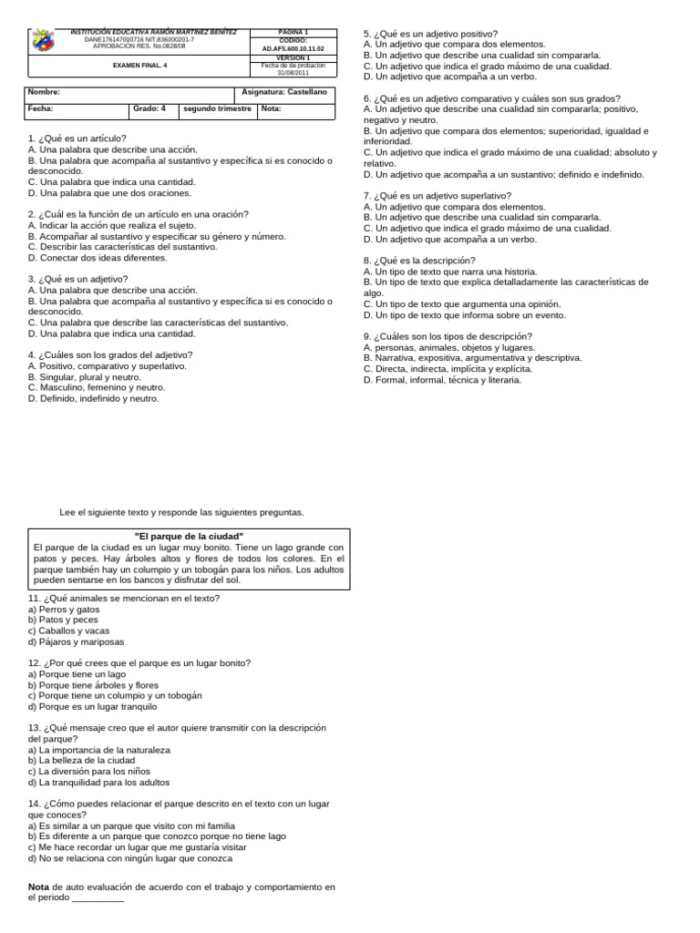Examen de Castellano: Artículos y Adjetivos | PDF | Adjetivo | Sustantivo