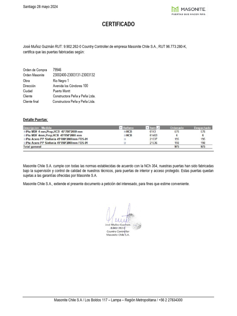 Certificado Normal Constructora Peña y Peña OC 79946 | PDF