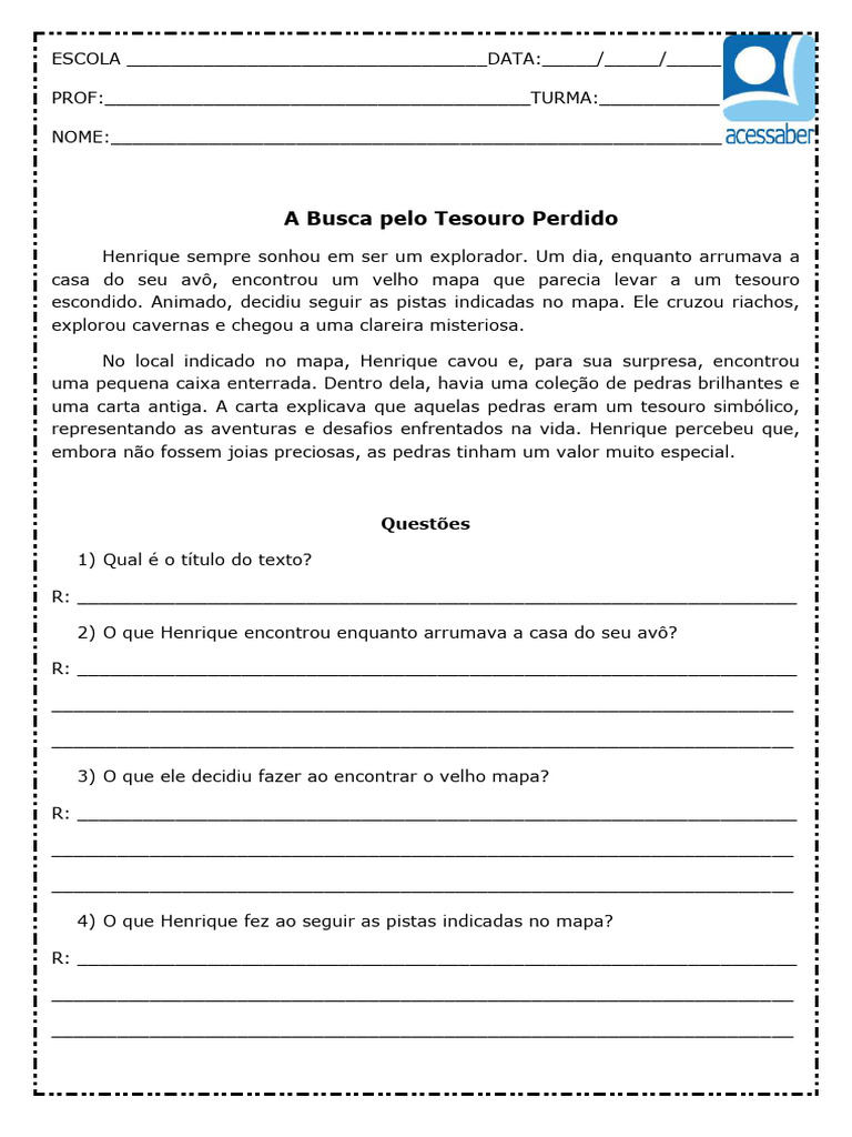 Interpretacao de Texto A Busca Pelo Tesouro Perdido 3 Ano e 4 Ano PDF | PDF