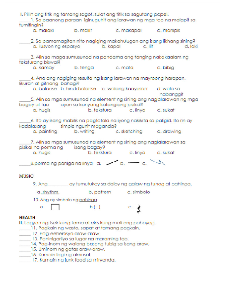MAPEH 3 First Quarter Practice Exam | PDF