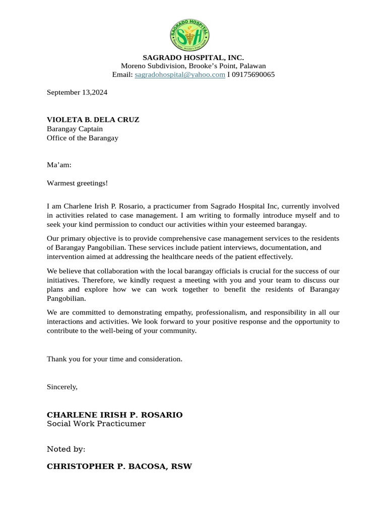 Letter For Courtsey Call Sagrado Hospital | PDF | Health Economics ...
