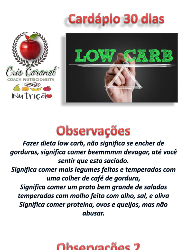 CARDAPIO LOW CARB REFORMULADO 30 dias | PDF