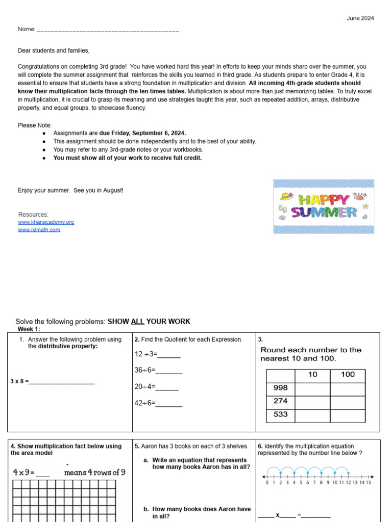(Entering) 4th Grade 2024 Math Summer Assignment | PDF | Division ...