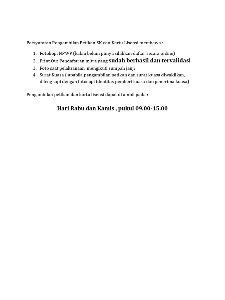 Persyaratan Pengambilan Petikan SK Dan Kartu Lisensi | PDF