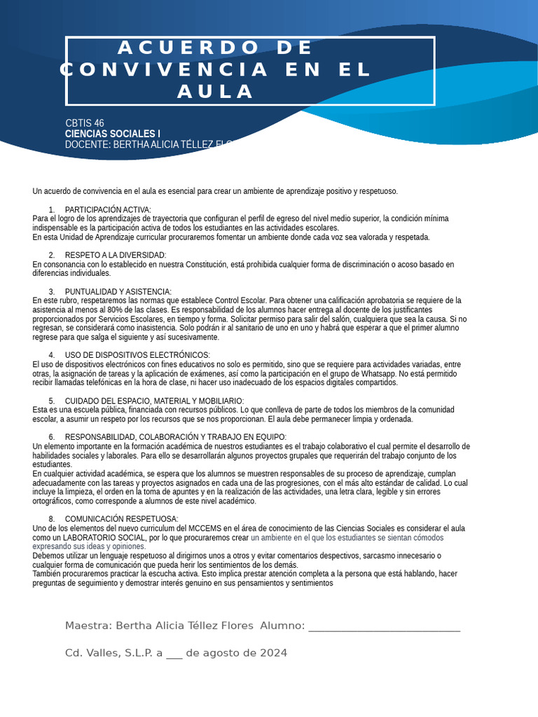 Acuerdo de Convivencia Ccssi 2024 | PDF | Salón de clases