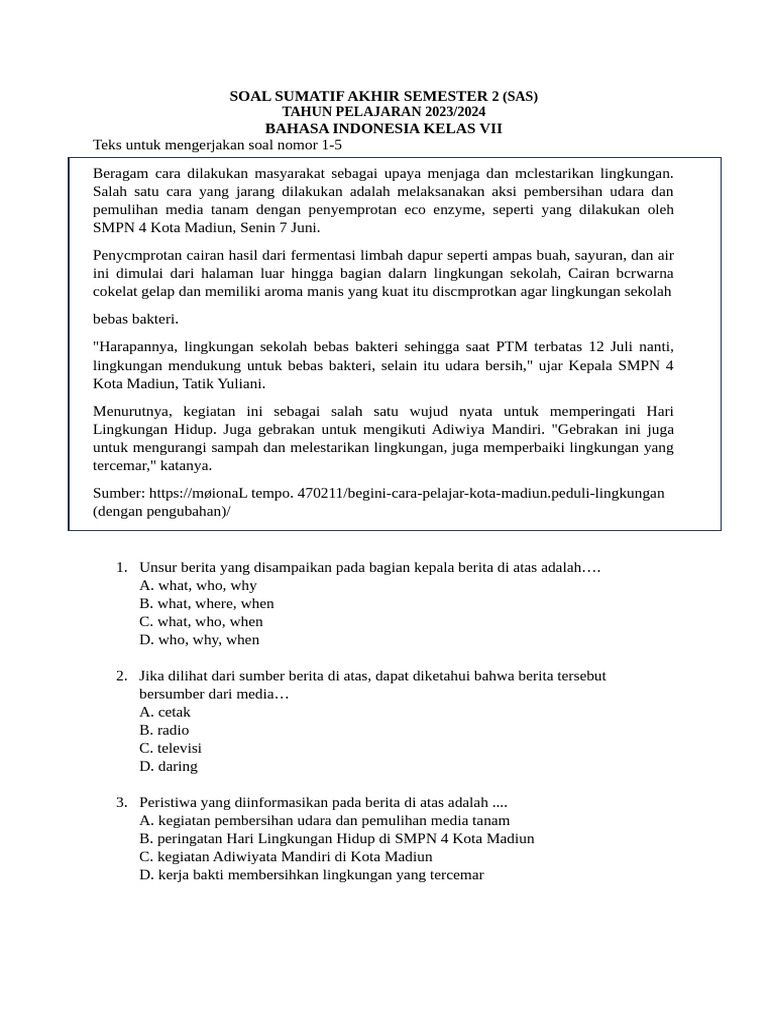 Soal Sas Bahasa Indonesia Kelas 7 Semeter 2 | PDF