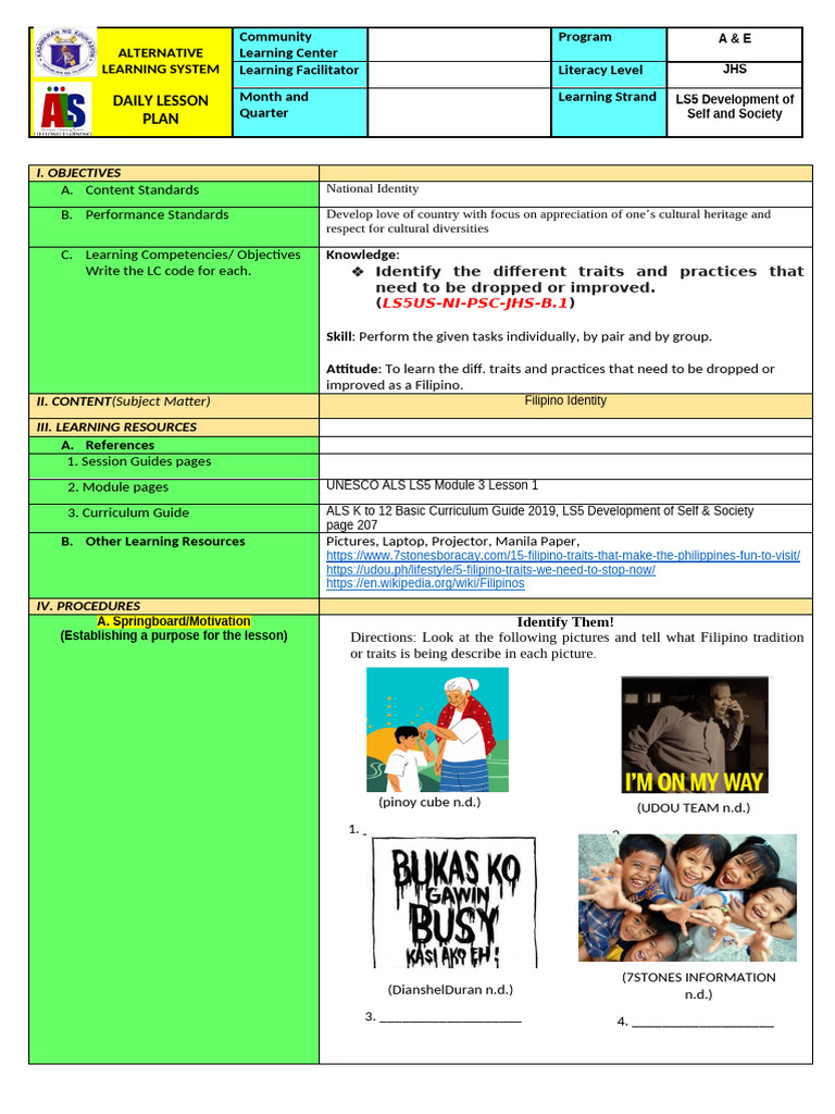 LS5 DLP-JHS (Filipino Identity) | PDF