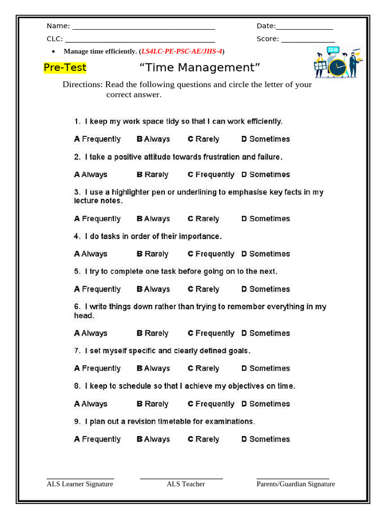 LS4 -Worksheets-JHS (Time Management) | PDF