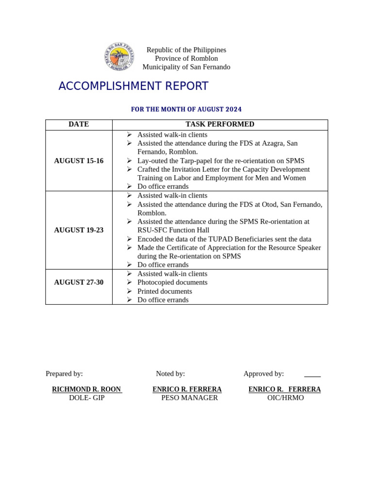 August Accomplishment Report | PDF