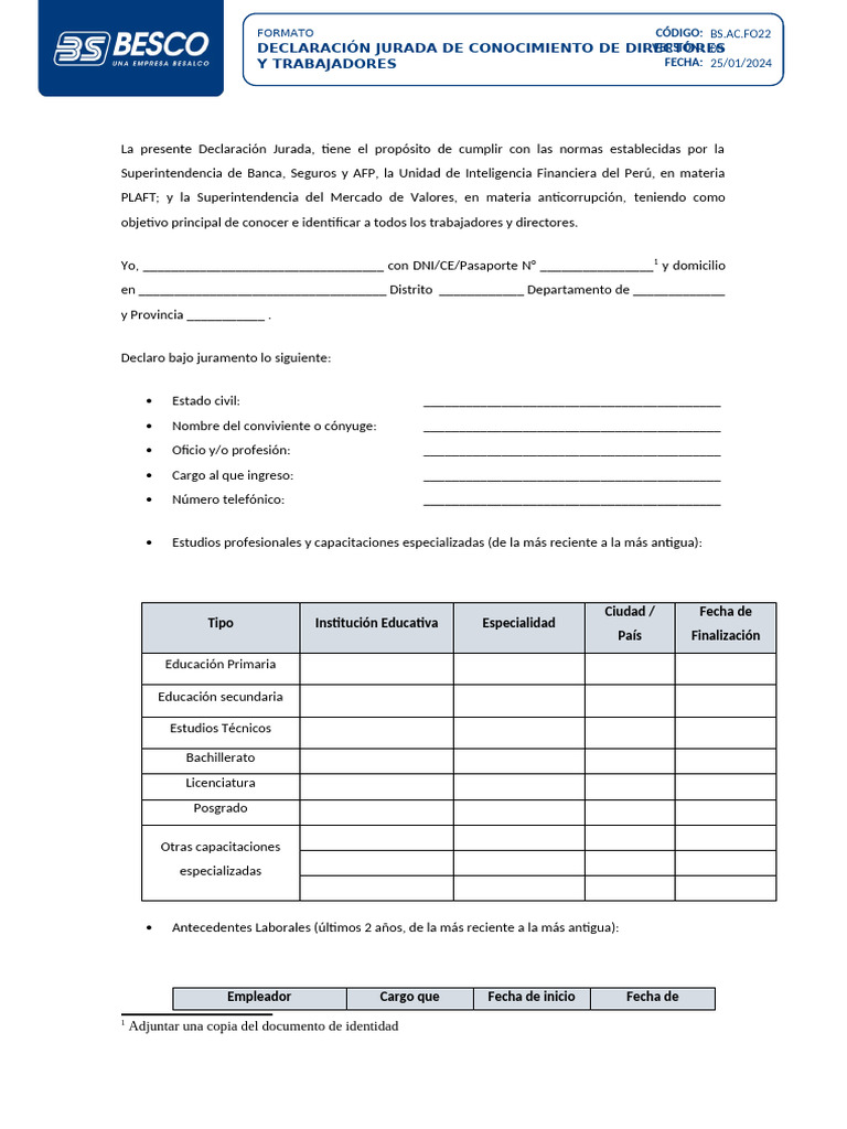 Declaración Jurada de Conocimiento Al Trabajador y Director V0 | PDF