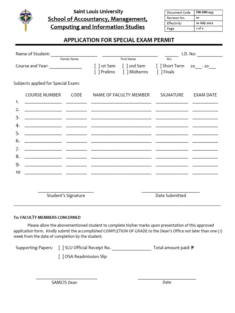 FM-SMI-053 Application For Special Exam Permit | PDF | Career & Growth