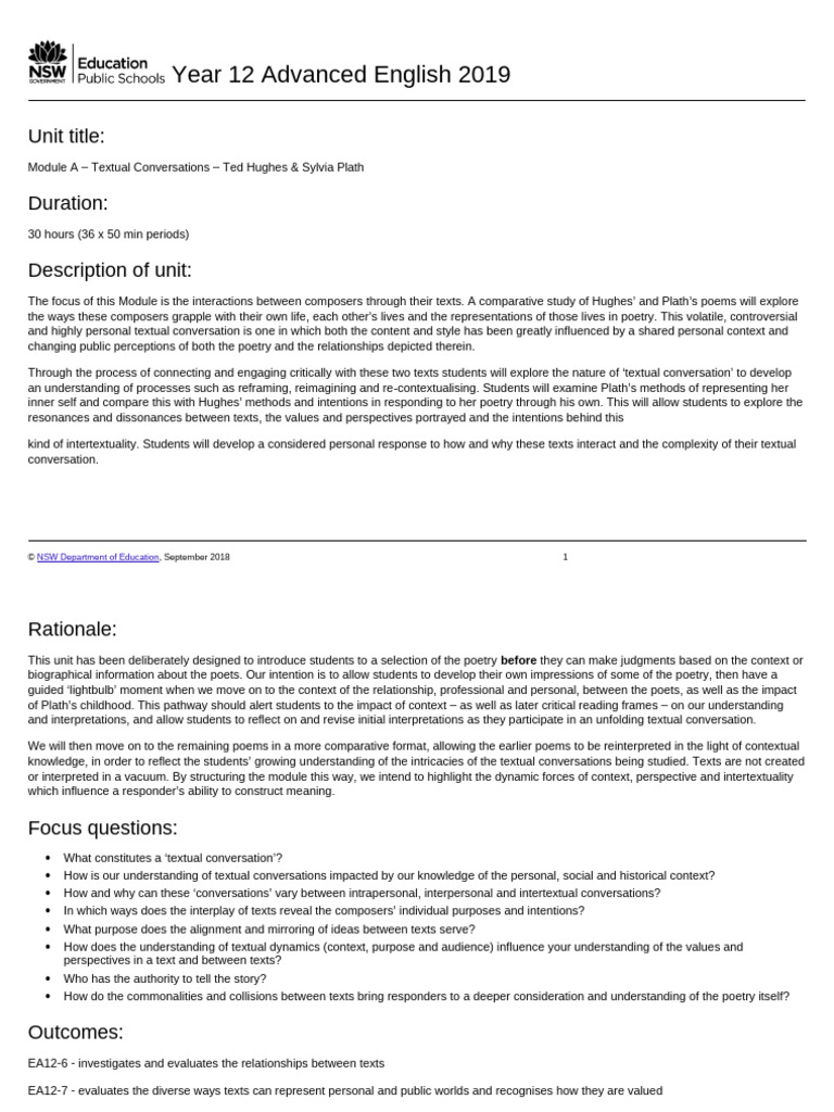 English Advanced s6 Poetry of Plath and Hughes Unit of Work | PDF ...