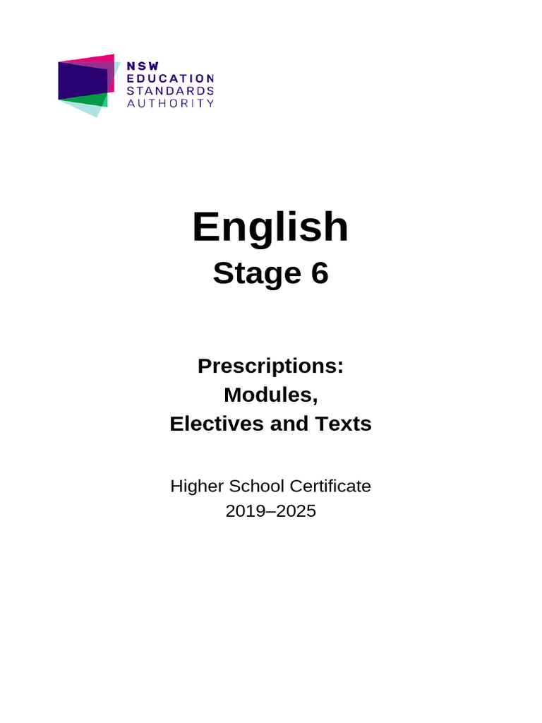 English Prescriptions 2019 2025 English Stage 6 Prescriptions Modules Electives and Texts Word ...