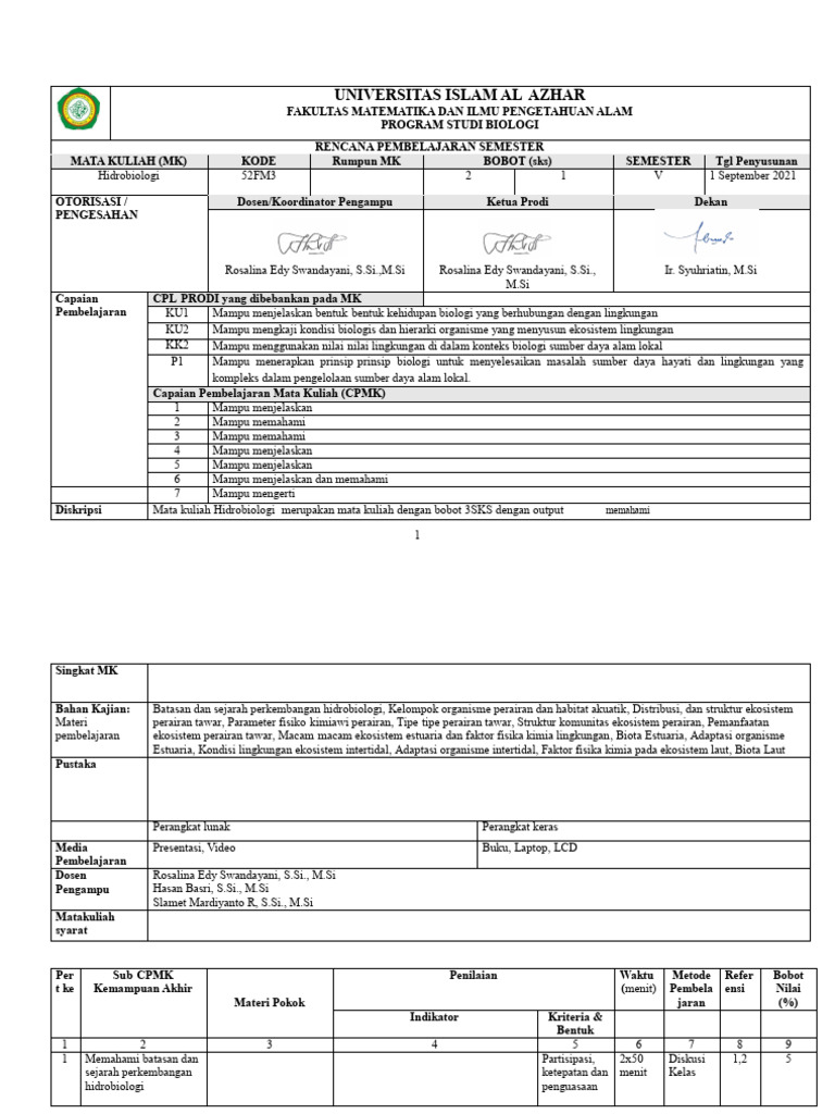 Rps Dan Rtm Hidrobiologi 2020 | PDF