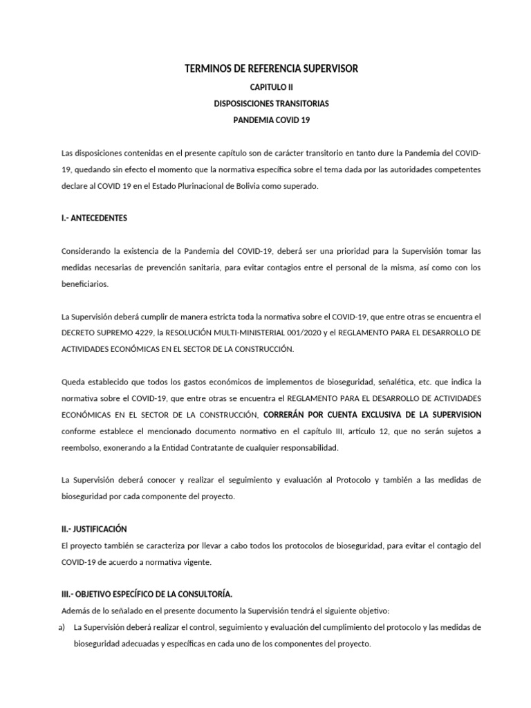Capitulo Ii TDR Supervisor - Protocolo Covid-19 | PDF