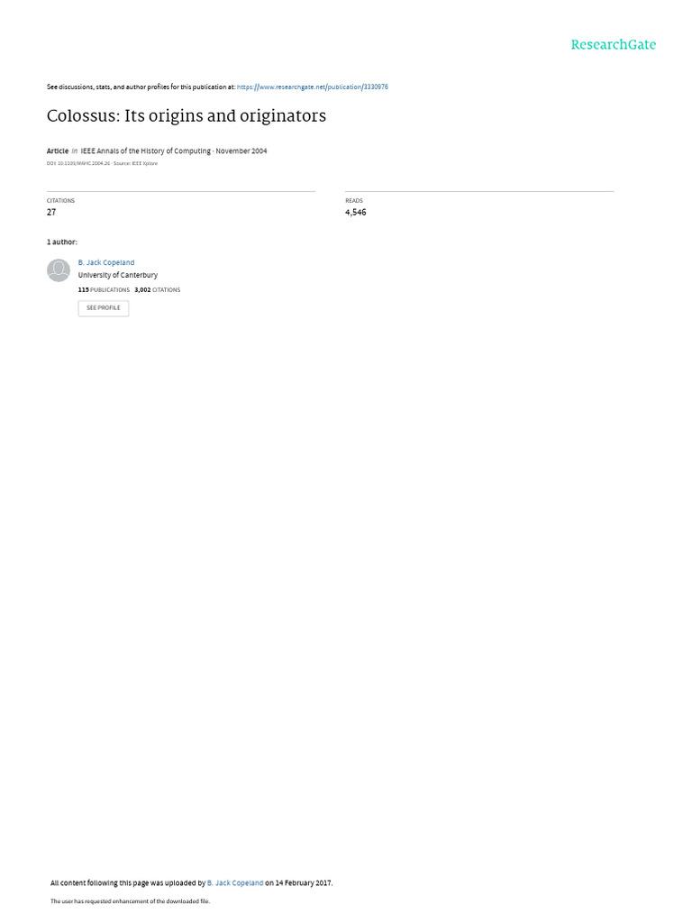 Colossus Its Origins and Originators | PDF | Alan Turing | Bletchley Park