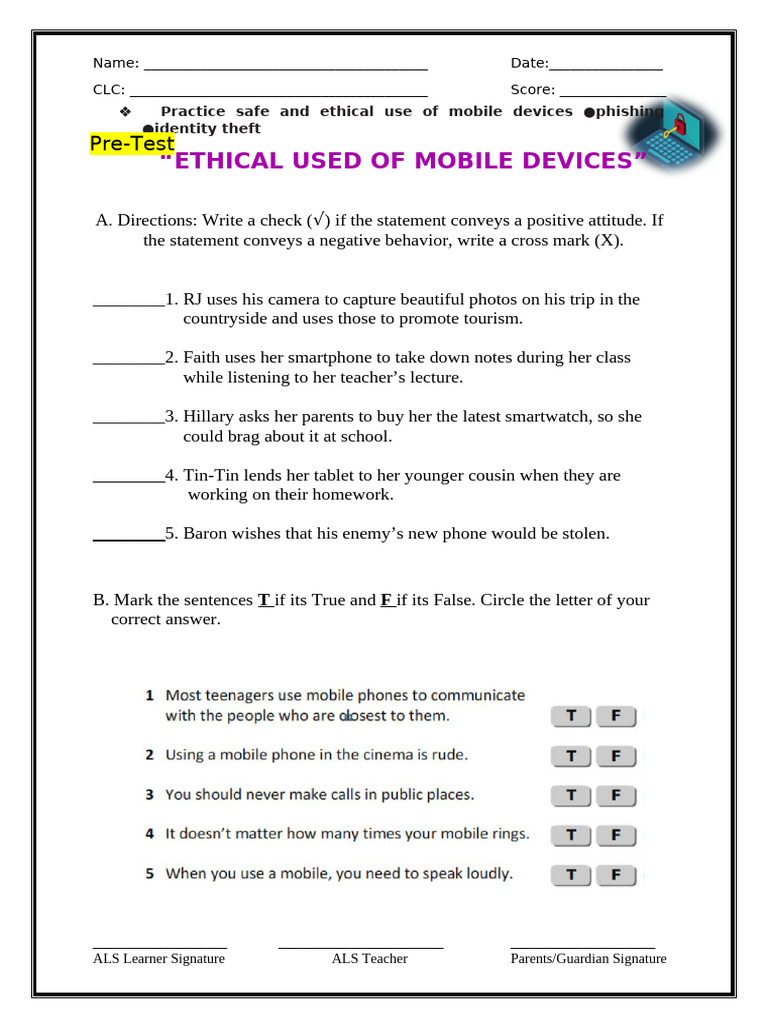 LS6 Worksheets AE-JHS (Ethical Use of Mobile Devices) | PDF