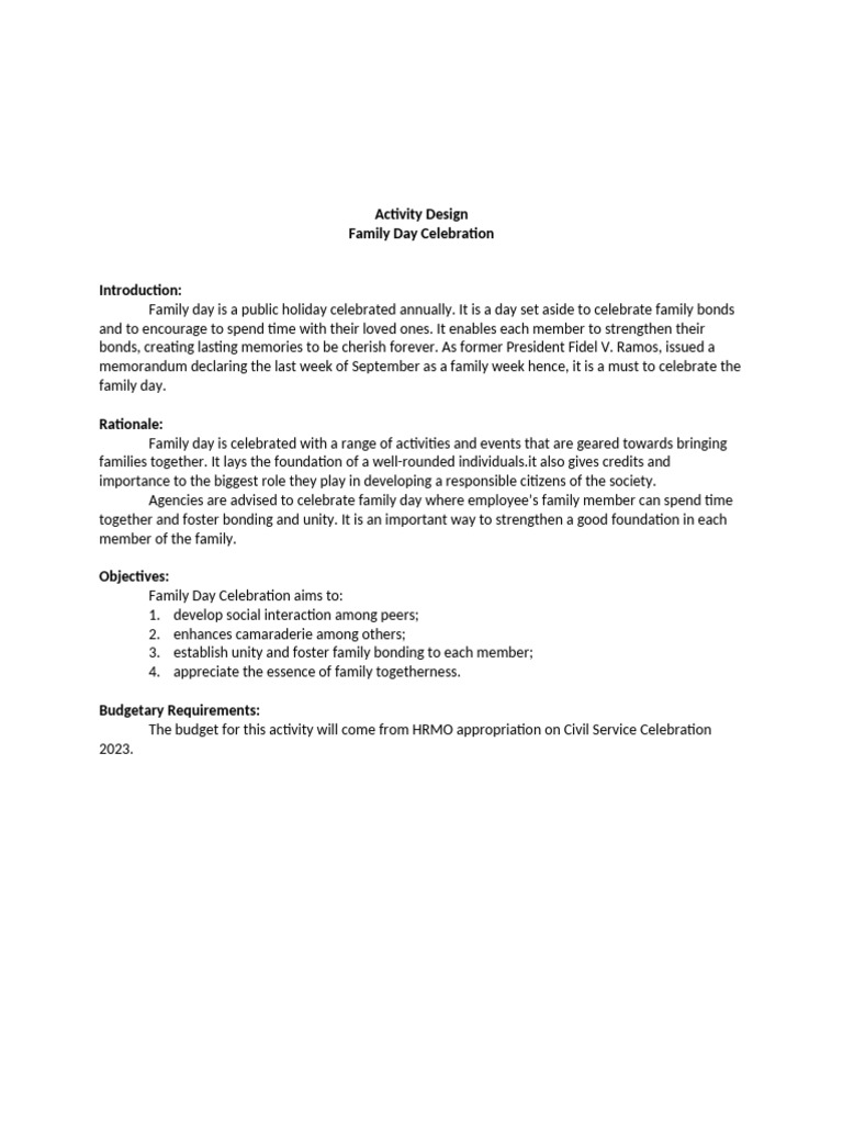 Family Day Celebration Objectives and Activities | PDF