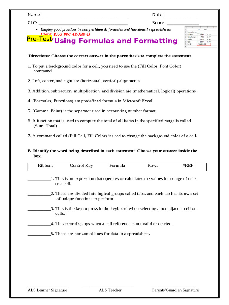 LS6 Worksheets-AE-JHS (Using Formulas and Formatting Cells) | PDF