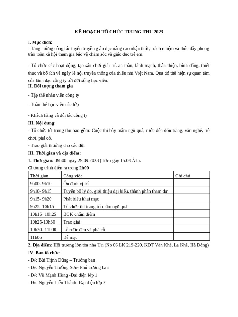 KẾ HOẠCH TỔ CHỨC TRUNG THU | PDF