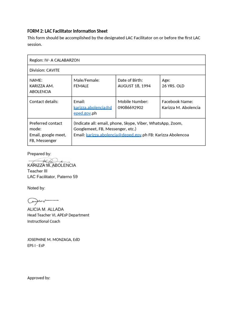 ABOLENCIA, KARIZZA M. Form 2 New LAC Facilitator Information Sheet. | PDF