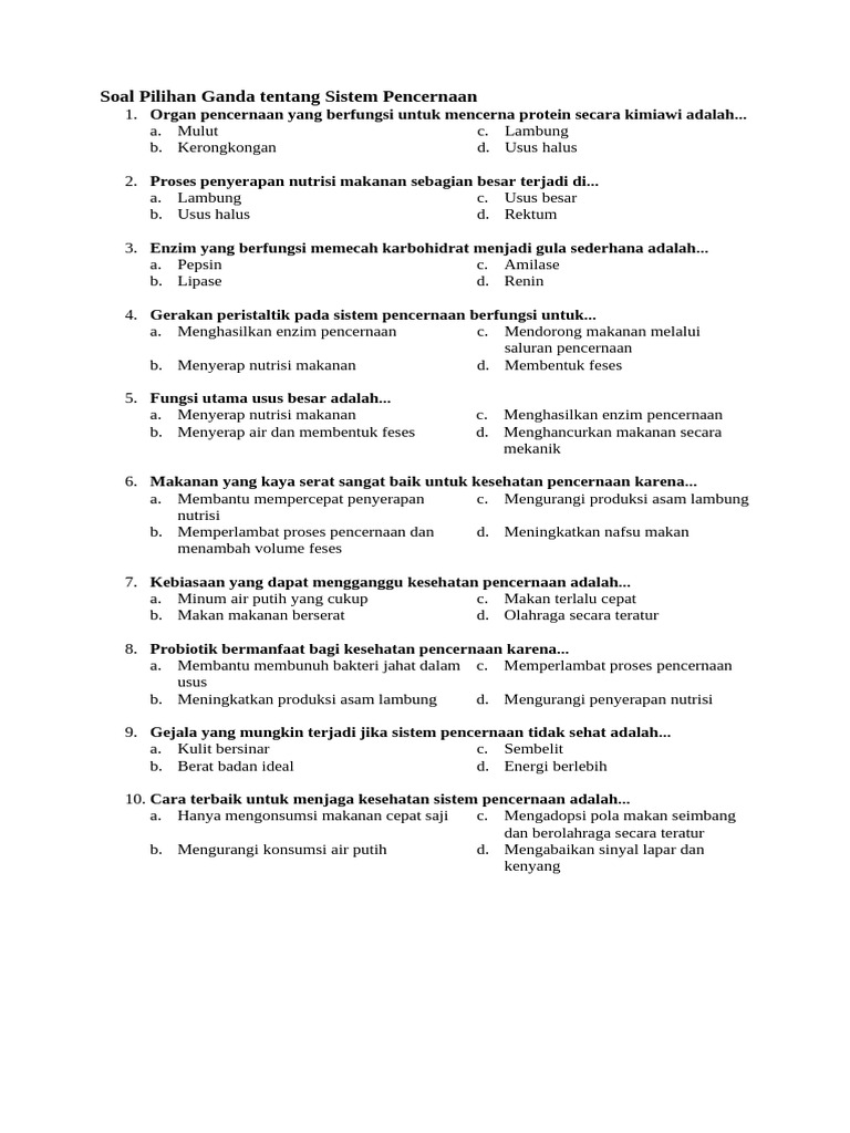Soal Pilihan Ganda Tentang Sistem Pencernaan | PDF