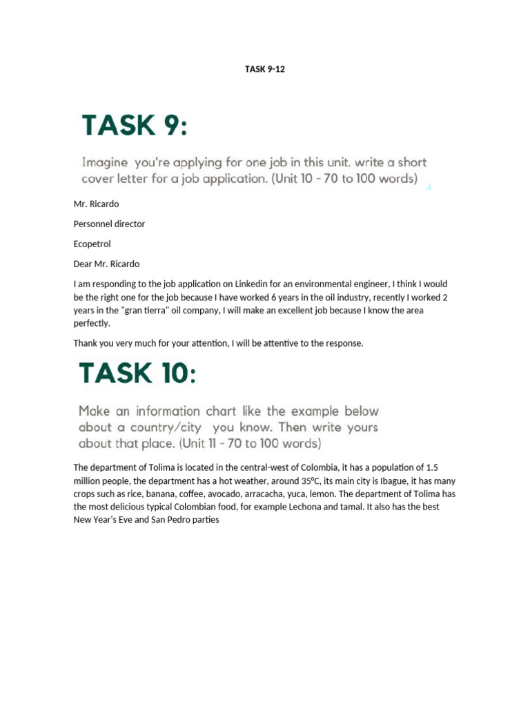 ENGLISH A2 - TASK 9 To 12 | PDF