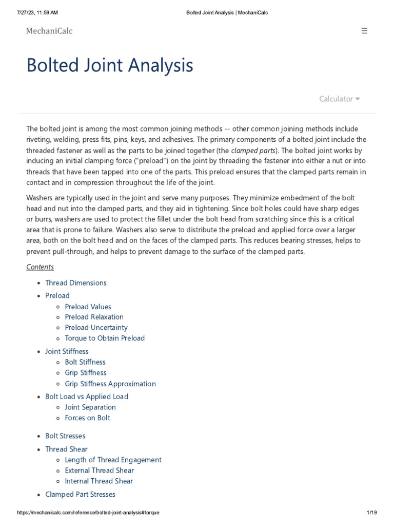 Bolted Joint Analysis - MechaniCalc | PDF
