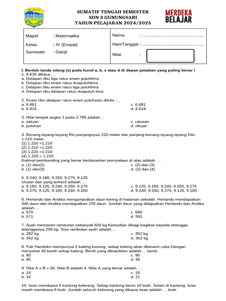 Soal STS Matematika Kelas 4 Semester 1 | PDF
